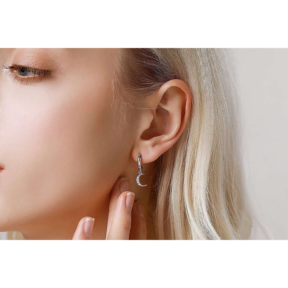 Milacolato 2Pairs 925 Sterling Silver Huggie Hoop Earrings 18K White Gold Plated Small Dangle Earrings with Cubic Zirconia Moon Star Hypaollergenic Drop Hoop Earrings for Women-2 Pairs Moon Star