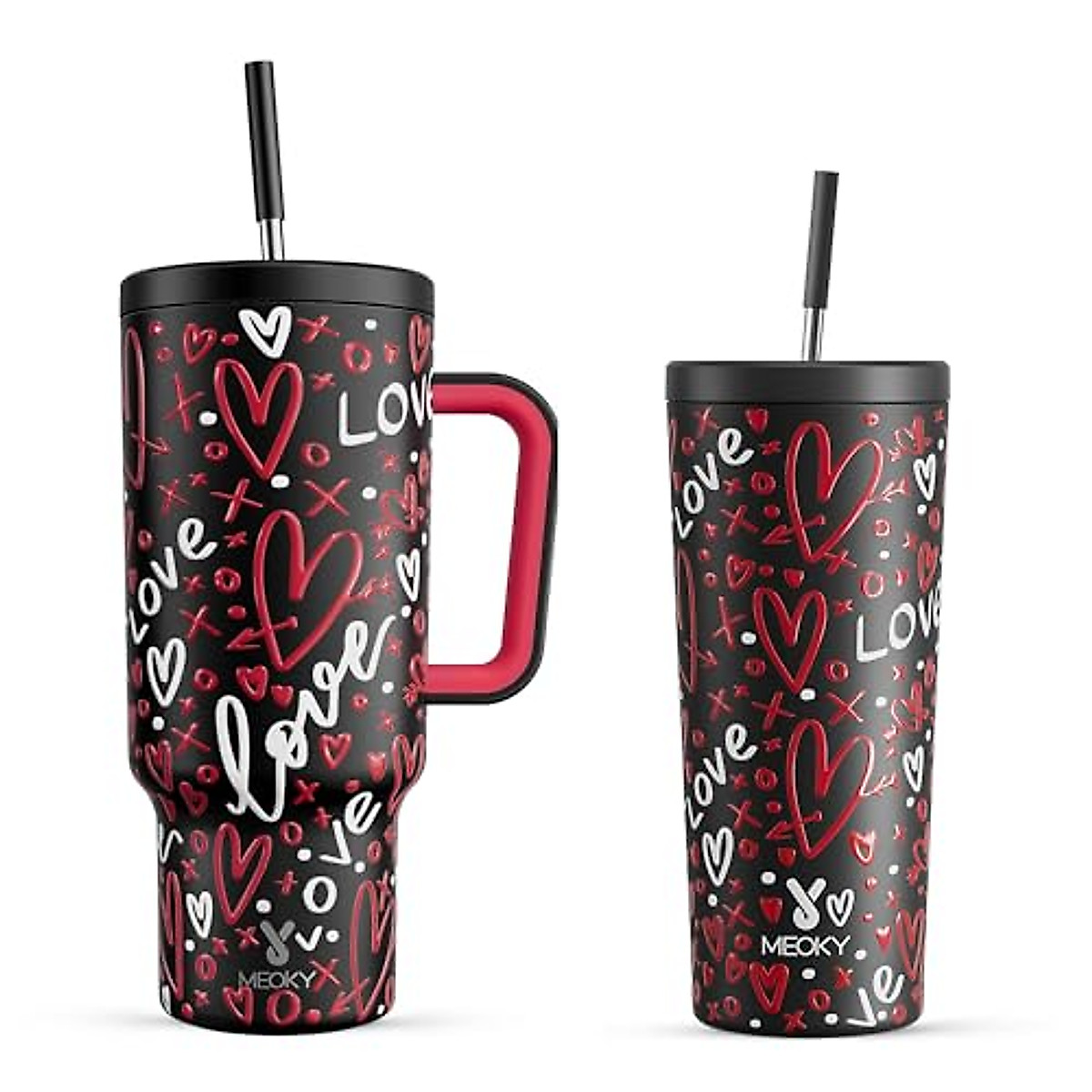 Meoky 40 oz Tumbler with Handle and Straw, 24 oz Insulated Tumbler with Lid and Straw, Stainless Steel Vacuum Insulated Tumbler, Keeps Cold, 100% Leak Proof, Fits in Car Cup Holder (Romance)
