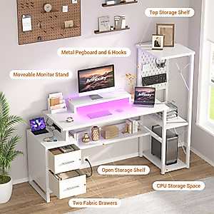 Computer Desk with 2 Fabric Drawers - Reversible Home Office Desk with Power Outlet & LED Lights, 53" Writing Desk with Monitor Stand & Storage Shelves, Gaming Desk Study Table with Pegboard, White