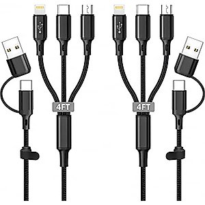 5 in 1 Multi Charging Cable 2Pack 4ft Multi USB Universal Phone Charging Cable, USB A/C to Phone USB C Micro USB Lightning Connector Nylon Braided Charging Cord Compatible with iPhone/Samsung-Black