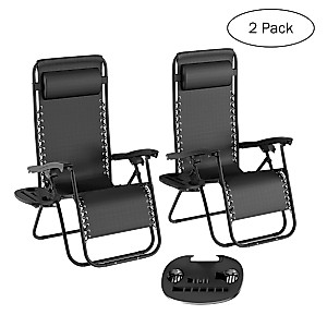Lavish Home Set of 2 Zero-Gravity Chairs - Folding Patio Furniture - Outdoor Recliners with Side Table, Cup/Phone Holder, and Chair Pillow (Black)
