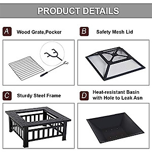 Vnewone 32'' Outdoor Fire Pit Metal Square Firepit Patio Stove Wood Burning for Backyard Garden Camping Picnic Bonfire with Spark Screen Cover, Log Grate, Poker,32" L32 W 14”, Black