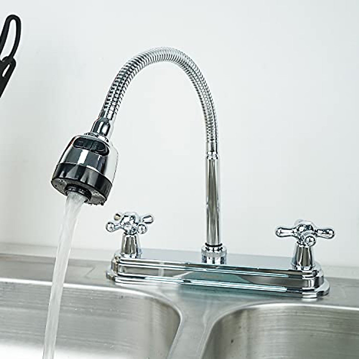 SOLVEX 2 Handle Kitchen Sink Faucet, High Arc 360 Swivel Stainless Steel Pipe 3 Hole Kitchen Faucet, Commercial Modern Chrome Kitchen Sink Faucet with Flexible Spout, SP-80202