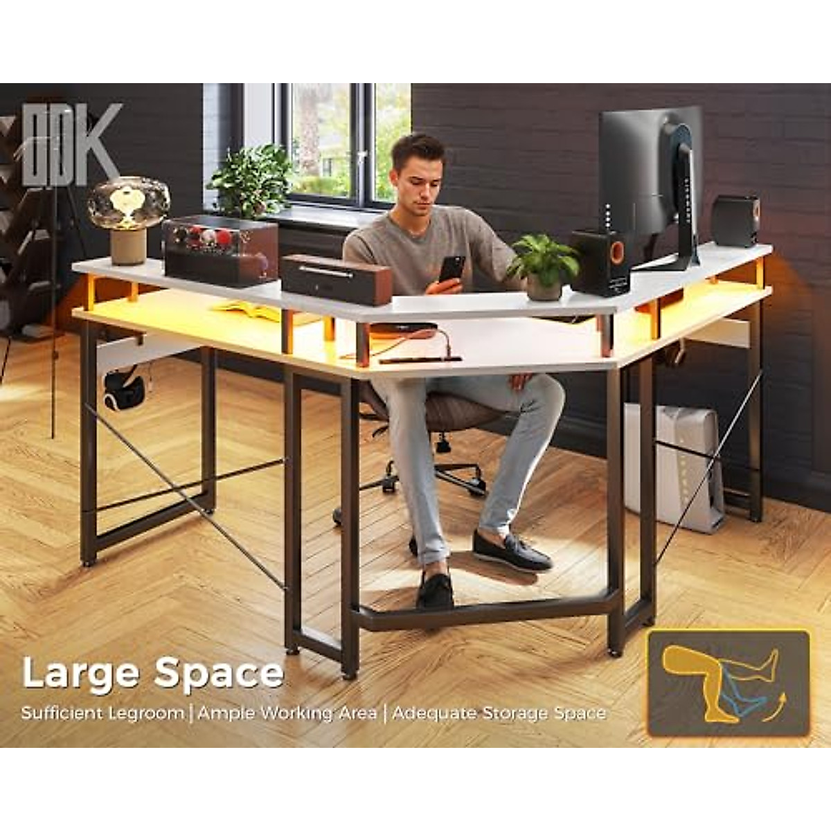 ODK L Shaped Gaming Desk with LED Lights & Power Outlets, 51" Computer Desk with Full Monitor Stand, Corner Gaming Table with Hooks & Cup Holder, White