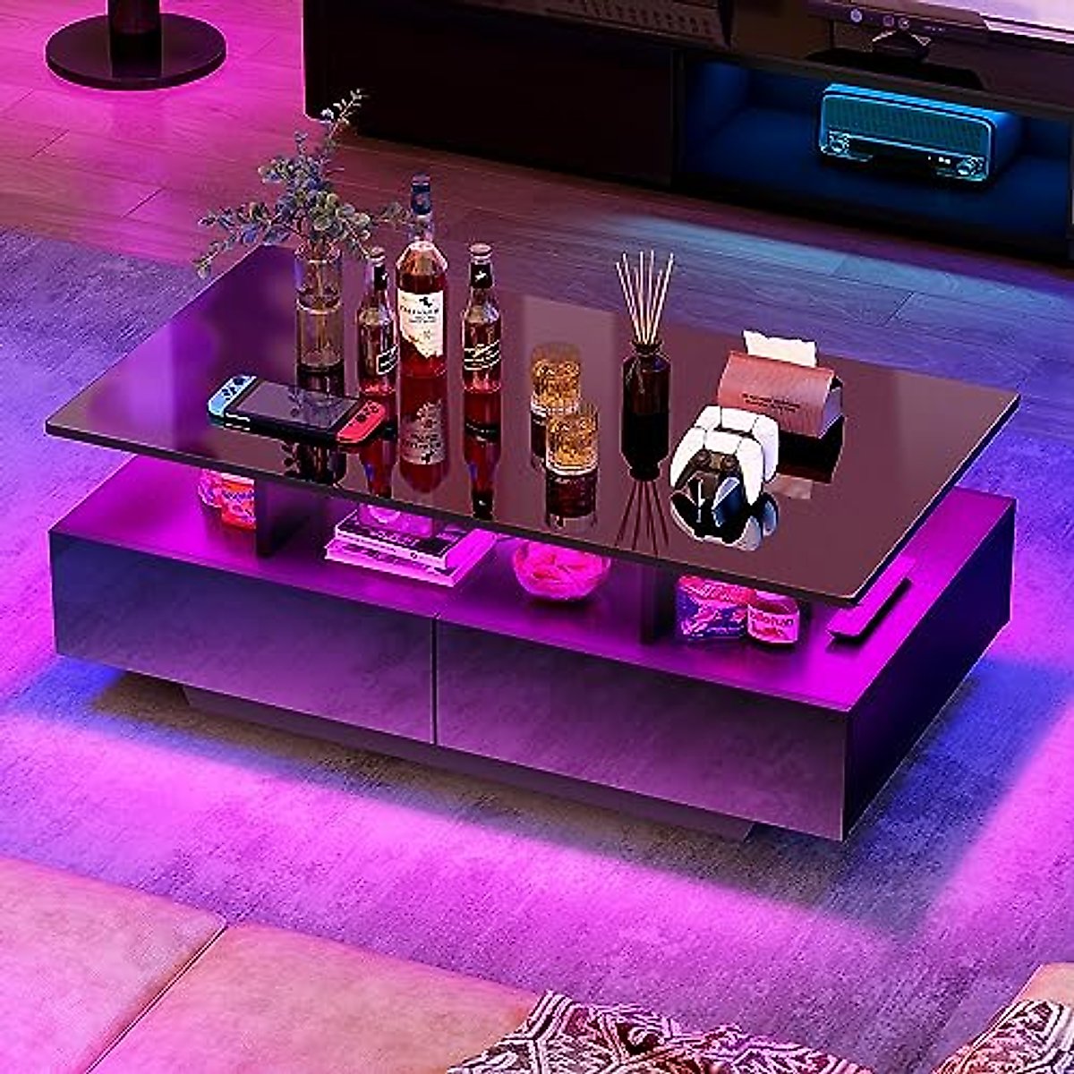 YITAHOME LED Coffee Table with Storage, High Glossy LED Coffee Tables for Living Room, Small Center Table with Open Display Shelf & Sliding Drawers, Black