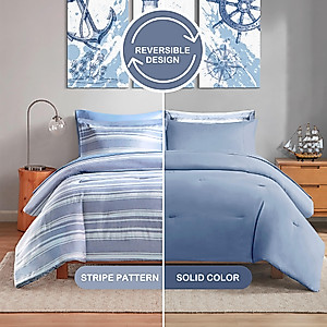 Full Size Comforter Set with Sheets, Modern Blue and White Striped Bed in a Bag, 7-Piece Complete Bedding Set Including Reversible Comforter, 2 Sheets, Pillowcases & Shams