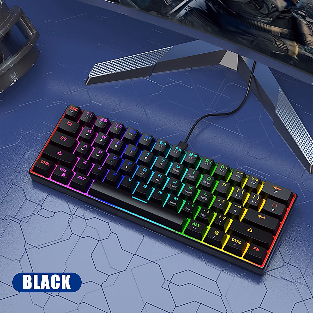 Ajazz G1000 USB Wired/2.4G/Bluetooth 3-Modes Wireless Mechanical Keyboard, Compact 61 Keys, Adjustable RGB Backlight, iOS/Android/Mac/Windows Compatible (Black, Blue Switch)