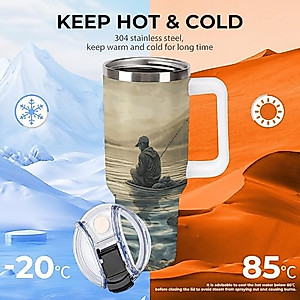 LLUTSNTH 40 Oz Vacuum Tumbler with White Handle Leakproof Insulated Tumbler Lake Fish Fishing Stainless Steel Travel Mug with Lid And Straw Coffee Cup Cute Water Bottles Cup Holder Friendly