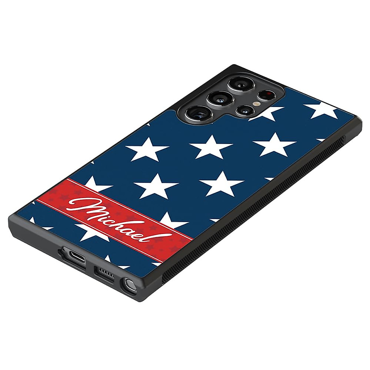 Red White Blue Stars Personalized Black Rubber Phone Case Compatible With Samsung Galaxy S25 S25+ S25 Ultra S24 S24+ S24 Ultra S24FE, S23 FE S23+ Ultra S22 S22+