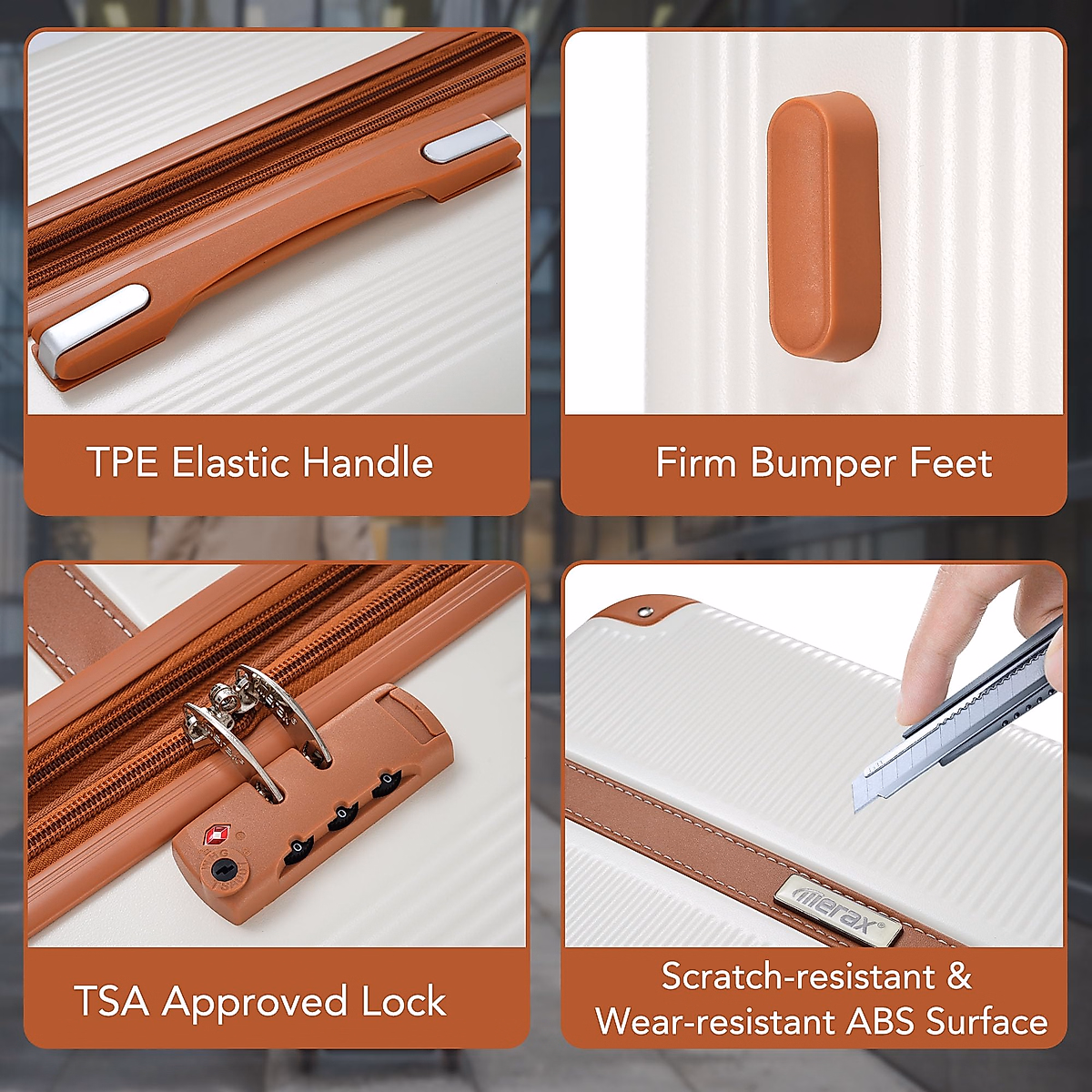 Merax Hardside Rugged Travel Suitcase Luggage with 8 Spinner Wheels, Collision-Protection Angle, 3-Piece Set, TSA Lock, Expandable, Carry-On Luggage (20/24/28,White)