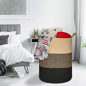 COMSE Extra Large Blanket Basket, High Storage Basket, Tall Rope Laundry Basket, 15.7”x 21.7”, Cotton Rope Basket, XXXL Laundry Basket, Toy Basket, Woven Basket, Clothes Baskets,Brown/Black