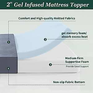 VECELO Gel Infused Memory Foam Mattress Topper Twin Size, 2 Inch Fresh Cooling Mattress Pad with Washable Cover for Twin Mattress, Pain Pressure Relieve Bed Topper, Breathable, Comfort