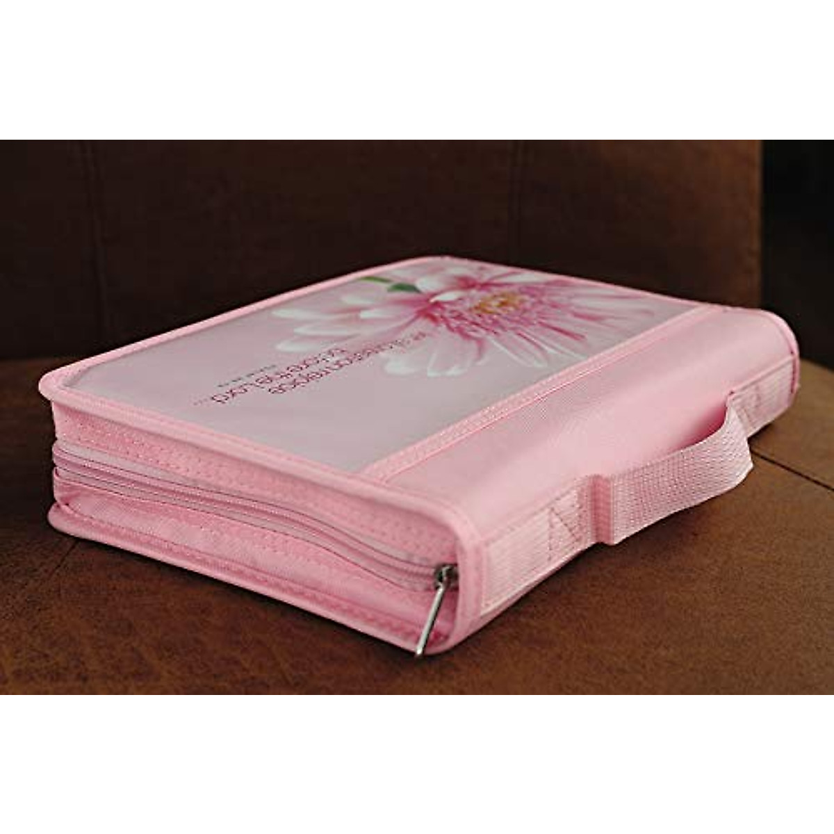 Psalm 96:13 Flower Bible Cover for Women, Zippered, with Handle, Canvas, Pink, Large