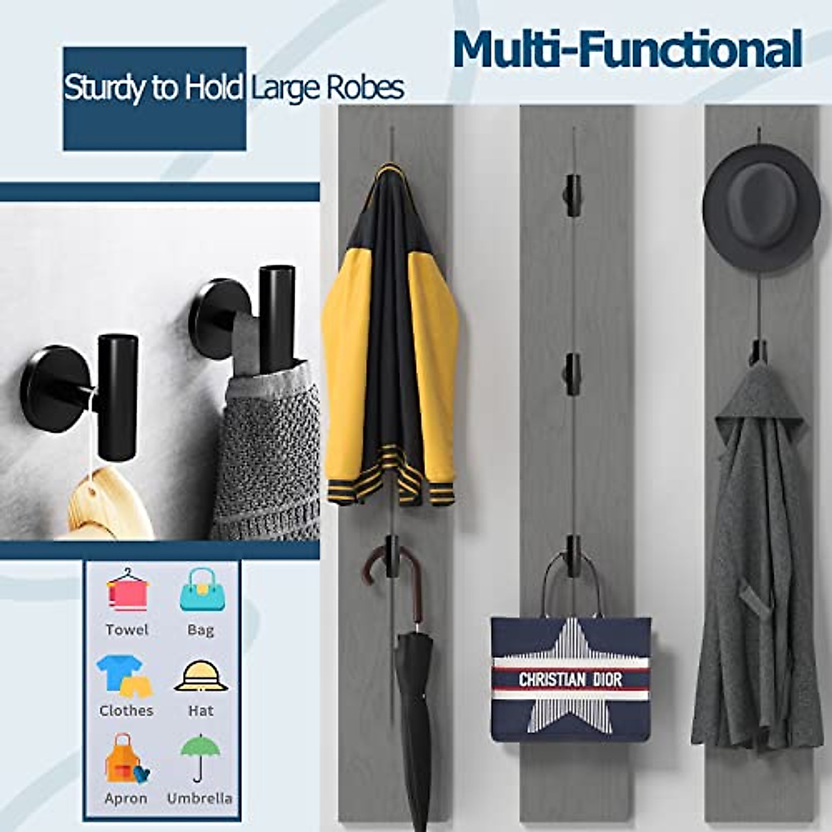 Towel Hook for Bathrooms Wall Mount Coat Hook Matte Black Towel Hook 304 Stainless Steel Robe Hook Heavy Duty Door Hanger Black Hooks for Bathroom Bedroom Kitchen