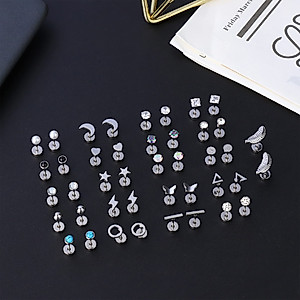 SAILIMUE 21Pairs Stainless Steel Stud Earrings Set for Women Men 20G Tiny Cartilage Stud Earrings Star Moon Triangle Heart Leaf Opal Stud Earrings Hypoallergenic Flat back Earrings Piercing Jewelry