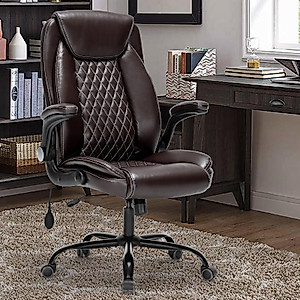 Seevoo Office Chair Desk Chair High Back Computer Chair - Adjustable Lumbar Support with Flip-Up Arms PU Leather Chair with Spring Cushion
