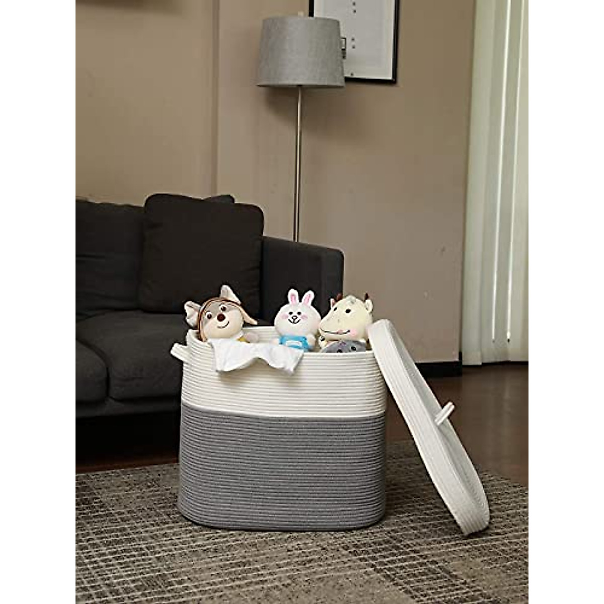 22”x14”x18” Rectangular Extra Large Storage Basket with Lid, Cotton Rope Storage Baskets, Laundry Hamper, Toy Bin, for Toys Blankets Storage in Living Room, Baby Nursery, Grey Basket with Lid