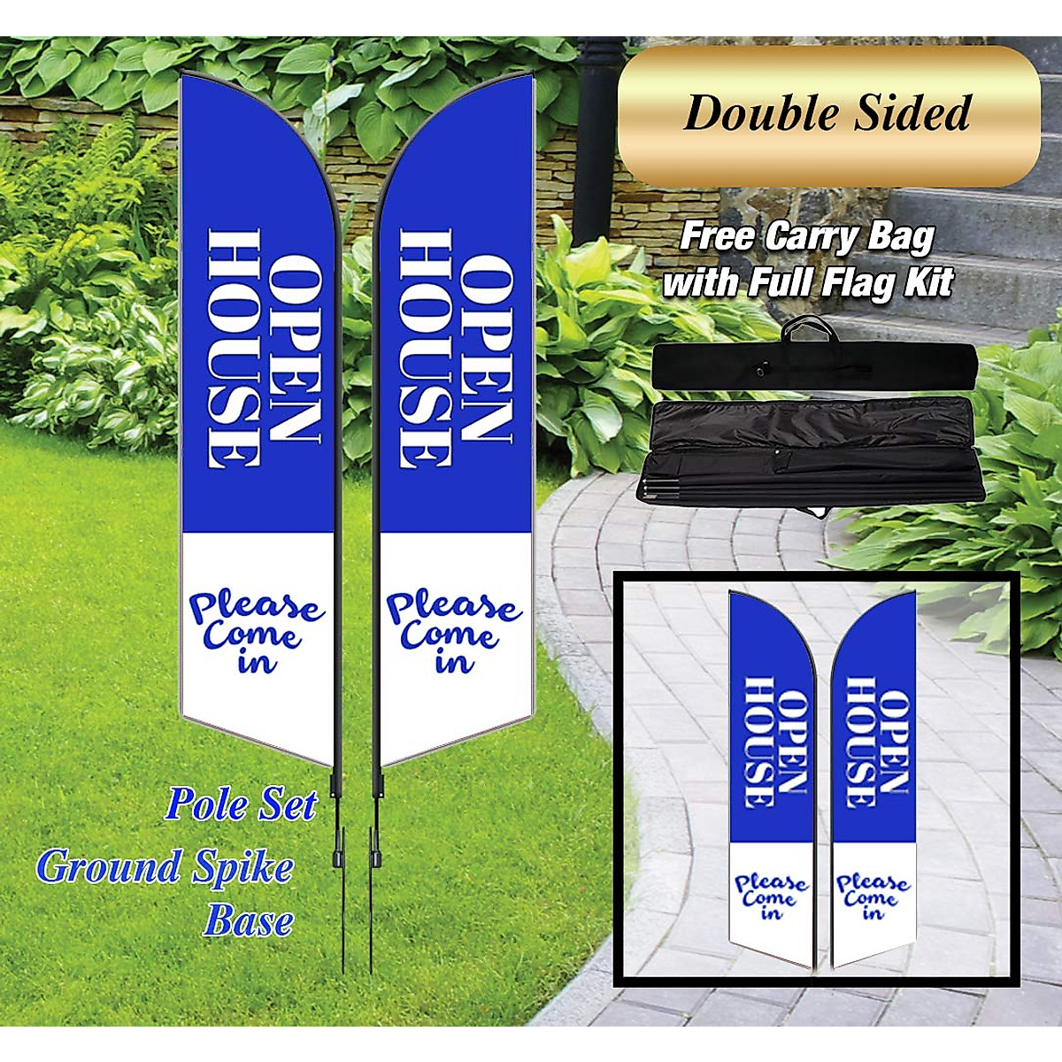 BannerBuzz Blade Flag “Open House, Please Come In”, 2' X 7.58' | 13' ft Long Graphic with Hardware Includes Aluminum Flag Pole & Ground Spike Base (Theme 2) (Double Side Print)