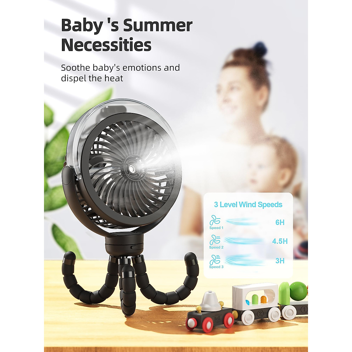 Misting Stroller Fan, 6000mAh Battery Operated Portable Fan with Light & 360° Pivoting, Personal Fan with Flexible Tripod for Baby, Office, Travel,Treadmill,Outdoors