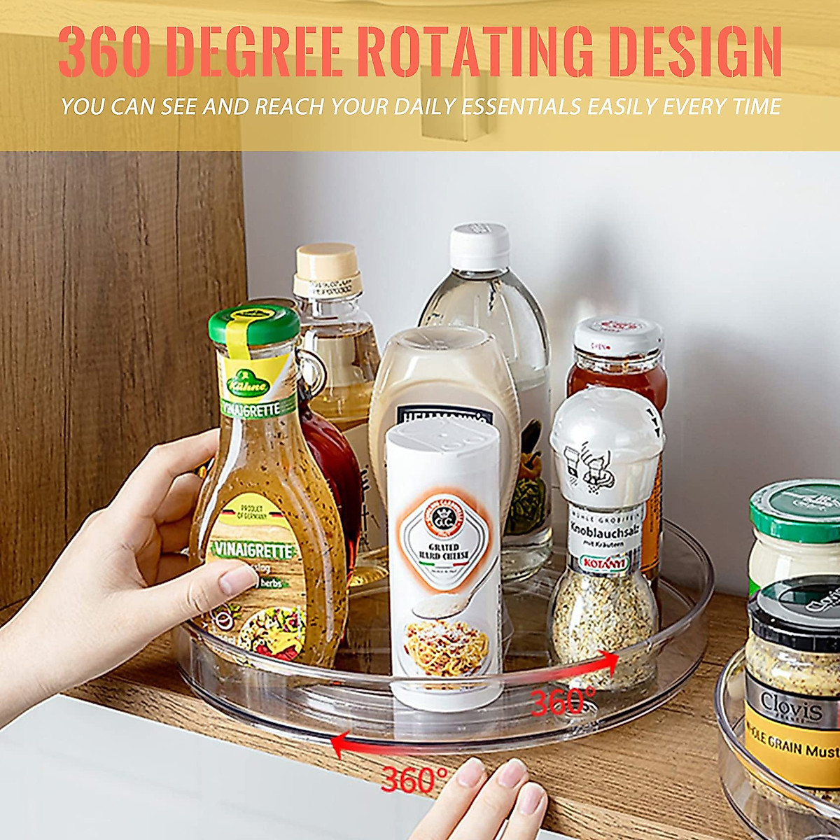 2 Pack Lazy Susan Rotating Turntable Storage Container- for Cabinets, Pantry, Fridge, Countertops, Clear Plastic Food Storage Spinning Organizer