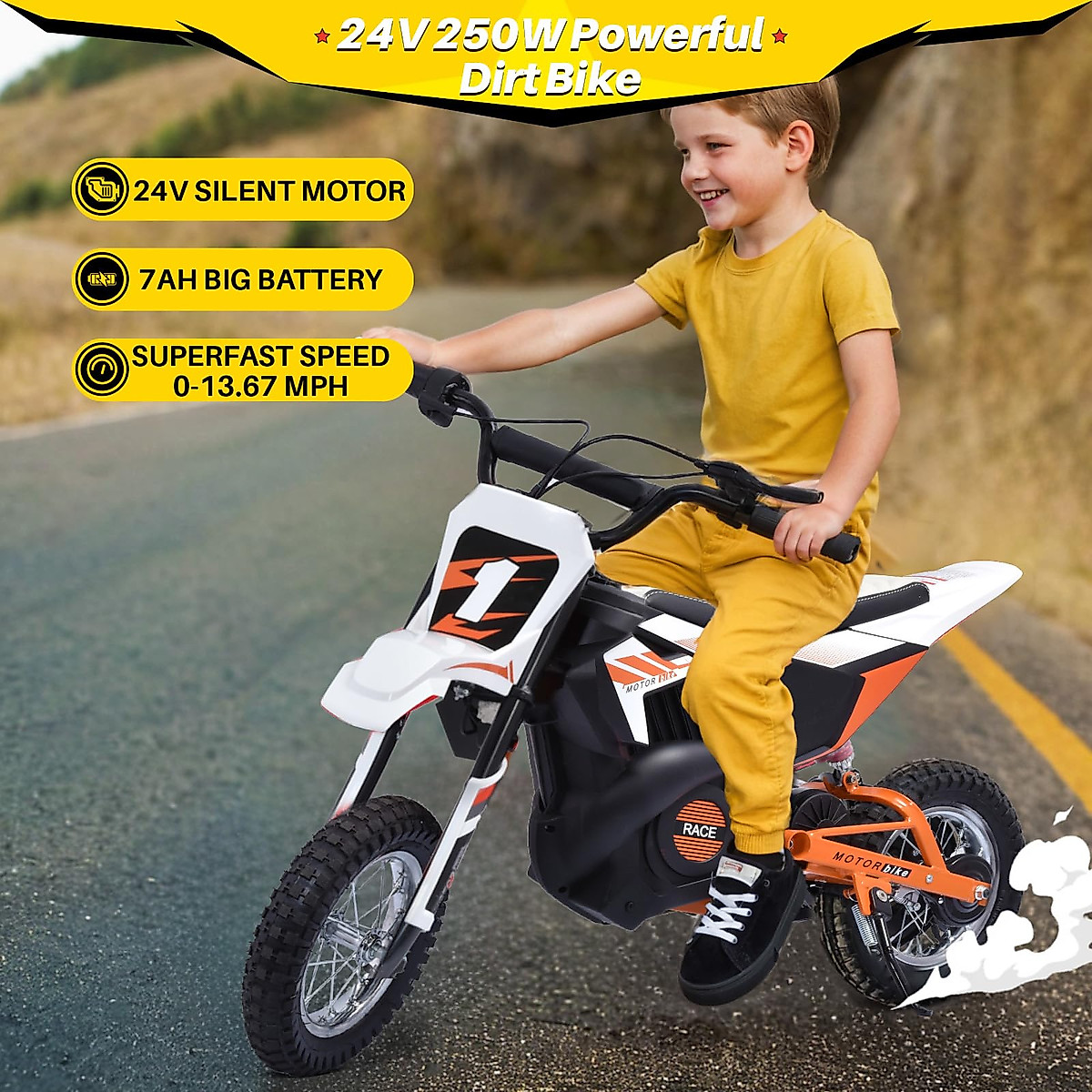 Blitzshark 24V Kids Electric Dirt Bike 250W Off-Road Bike Motocross Powerful Motorcycle for Kids, with 13.67MPH Fast Speed, Rubber Tires, Twist Grip Throttle, Metal Suspension & Leather Seat, SRK-MC10