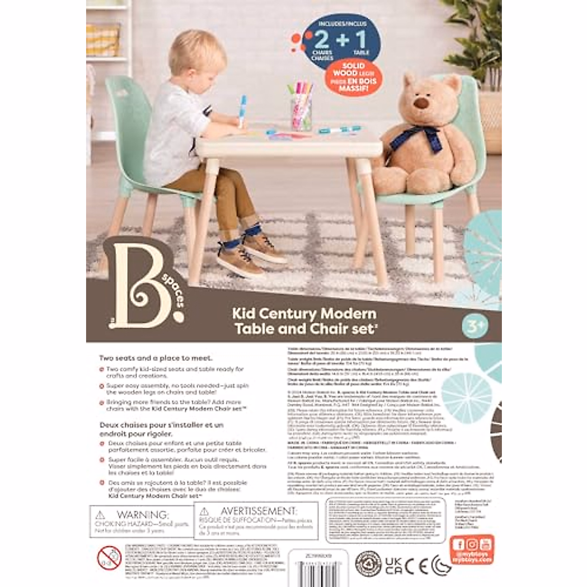 B. toys- B. spaces- Table and Chair Set- Furniture For Toddlers- 1 Craft Table & 2 Chairs- Natural Wooden Legs- Mint- 3 years +