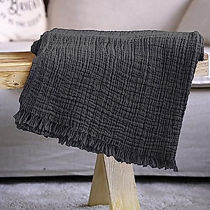Peshtemania Premium Gauze Muslin Dark Grey Blue Throw Blankets for Adults 4-Layers Tassel Farmhouse 100% Cotton Summer Throw Blanket for Bed Couch Sofa, Ultra Soft & Lightweight |40"x70"|