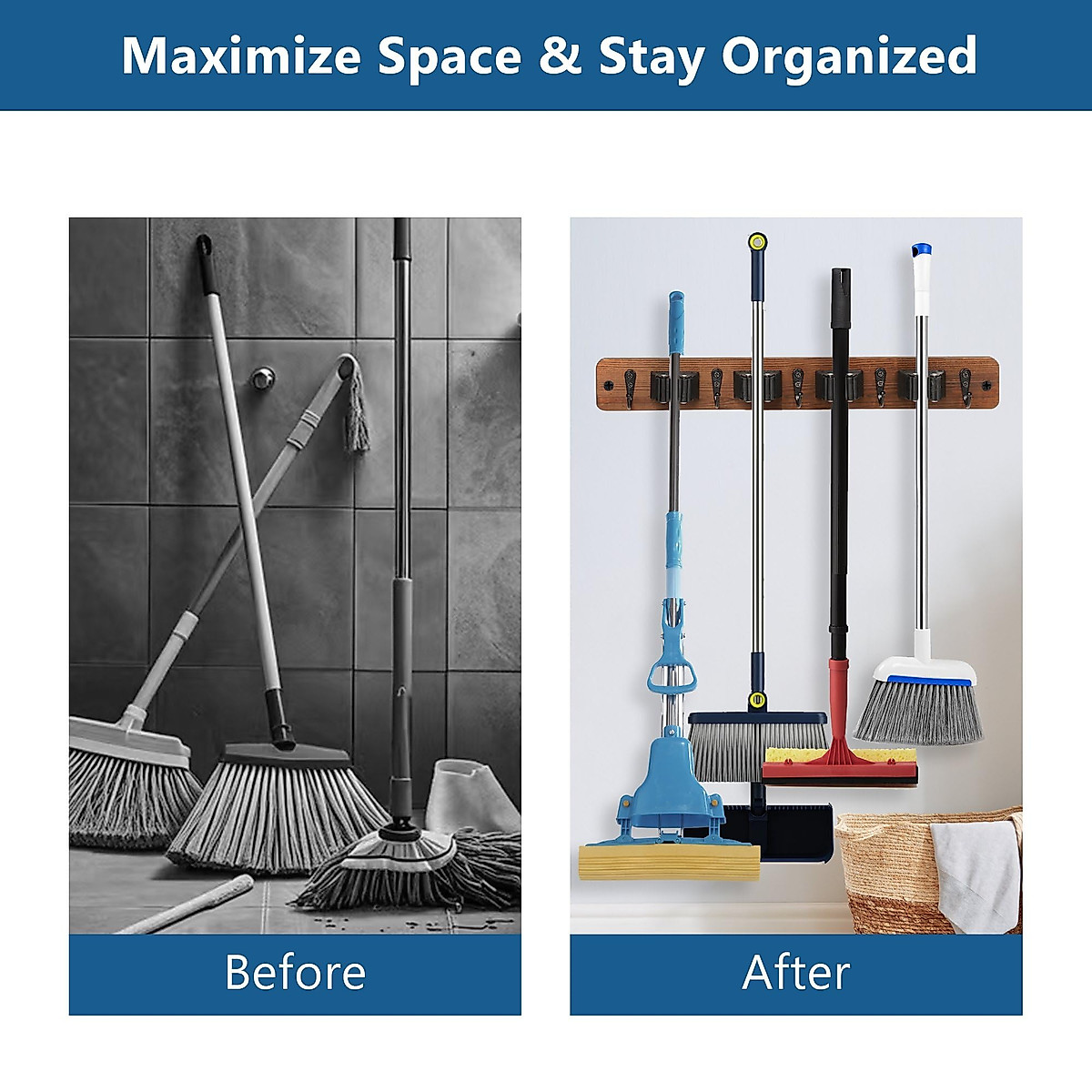 jabrand Broom Holder Wall Mount, Wood Mop and Broom Hanger with 4 Slots and 5 Hooks Laundry Room Organizer Tool for Home Garden Garage Yard Kitchen Closet Organization Storage Garden