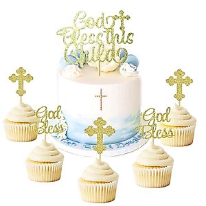 JeVenis 25 PCS Glittery Gold Bless this Child Cake Topper Baptism Cupcake Toppers Cross Cupcake Topper Baptism Cake Topper Cross Cake Decoration Baptism Party Decorations