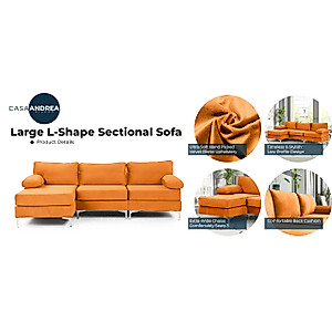 Casa Andrea Milano L-Shape Velvet Fabric Sectional Sofa Couch with Extra Wide Chaise, Couch for Living Room Apartment Lounge, Orange