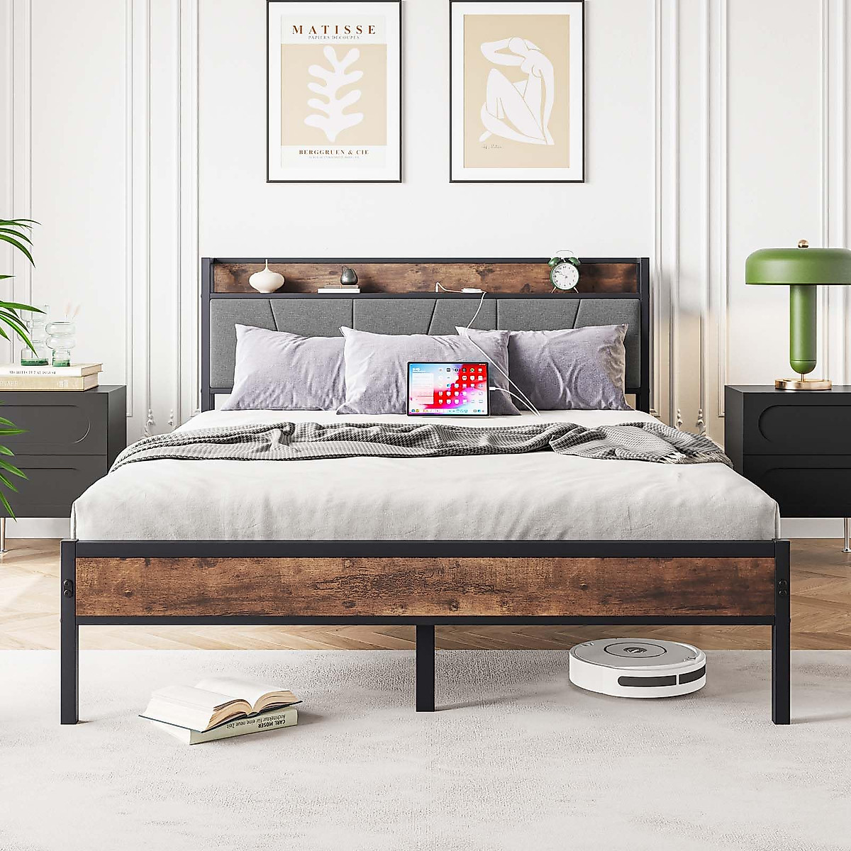 Shuoya Jewelry Queen Size Metal Platform Bed Frame with Storage and Charging Station Headboard, Heavy Duty Steel Slated Support, No Box Spring Needed, Noise-Free, Easy Assembly, Rustic Brown (Queen)