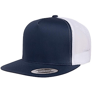 Your Logo Embroidered On Yupoong 6006 Flatbill Trucker Snapback Hat Custom Logo (Navy/White)