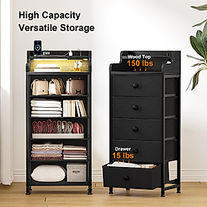 REAHOME Dresser for Bedroom with Charging Station and LED Lights, 5 Drawers Dresser Black Chest of Drawers with Shelves, Tall Night Stand with Sturdy Steel Frame & Wood Top for Bedroom - Black Grey