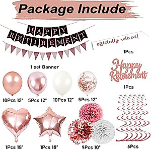Retirement Party Decorations for Women & Men- 51 Pcs Rose and Gold Happy Retirement Banner, Paper Garland and Foil balloon Decorations,Sparkling Hanging Swirls Retirement Decorations Party Supplies