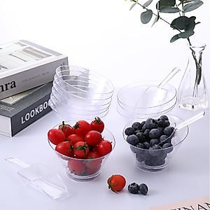 Sawysine 12 Pcs Plastic Clear Serving Bowls with Kitchen Plastic Scoops Salad Serving Bowls Popcorn Scoops Angled Candy Bowl for Salad Cooking Parties, 210 ml