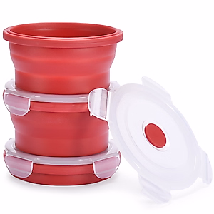 Vdomus Collapsible Food Storage Containers with Lids - Silicone Collapsible Bowl Sets with Airtight Lid - Round Silicone Food Containers Microwave, Freezer, and Dishwasher Safe - Set of 3, Red