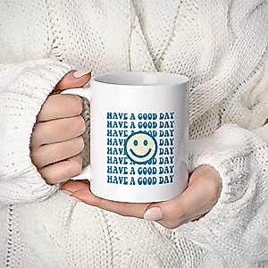 OGILRE Trendy Preppy Smiley Face Ceramic Double Side Printed Mug Cup,Inspirational Quote Have A Good Day Blue Preppy Coffee Milk Tea Mug Cup,Gifts For Teen Girls Teenage Girls - 11 oz