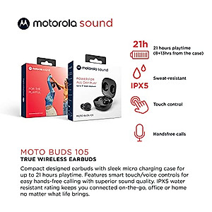 Motorola Moto Buds 105 - True Wireless ENC Bluetooth Earbuds with Touch Control & Micro-Charging Case - IPX5 Water-Resistant, Lightweight Comfort-Fit, Clear Sound - Black