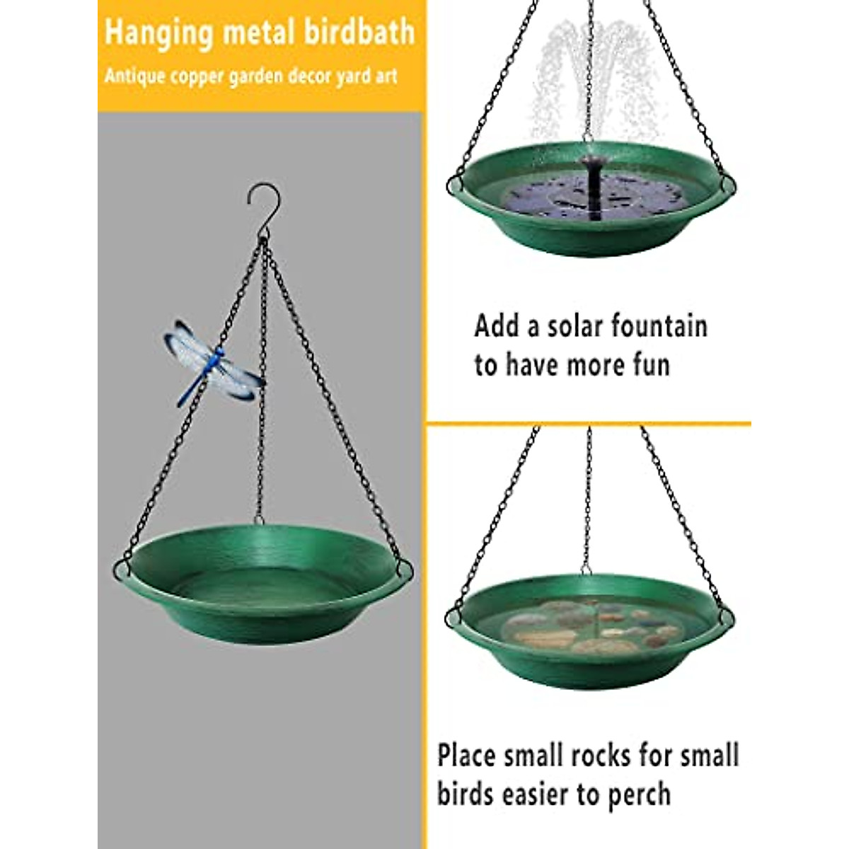 Keygift Hanging Bird Bath for Outdoor, Antique Green Metal Bird Feeder Birdbath Bowl with 17” Rust-Proof Black Chains for Garden Backyard Decor