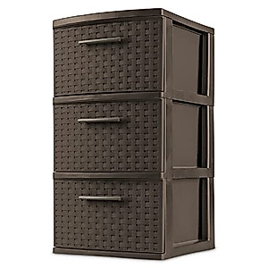TRFMY 3-Drawer Wide Weave Design Storage Tower,Frame & Drawers w/Driftwood Handles,Set of 2 (Espresso)