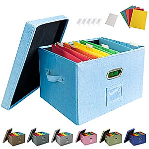 JSungo File Box with 5 Hanging Filing Folders, Document Organizer Storage for Office, Collapsible Linen Storage Box with Lids, Home Portable Storage with Handle, Letter Size Legal Folder, Blue