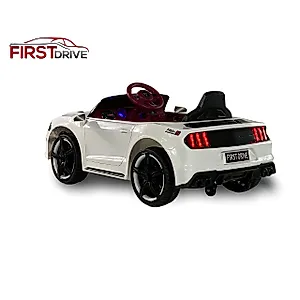 First Drive Mustang - Ride on Car - Electric Car for Kids - Kids Car with Parent Remote, MP3 Music Playback, AUX Port, Spring Suspension, LED Lights, Rear Wheel Drive, for Boys/Girls (White)