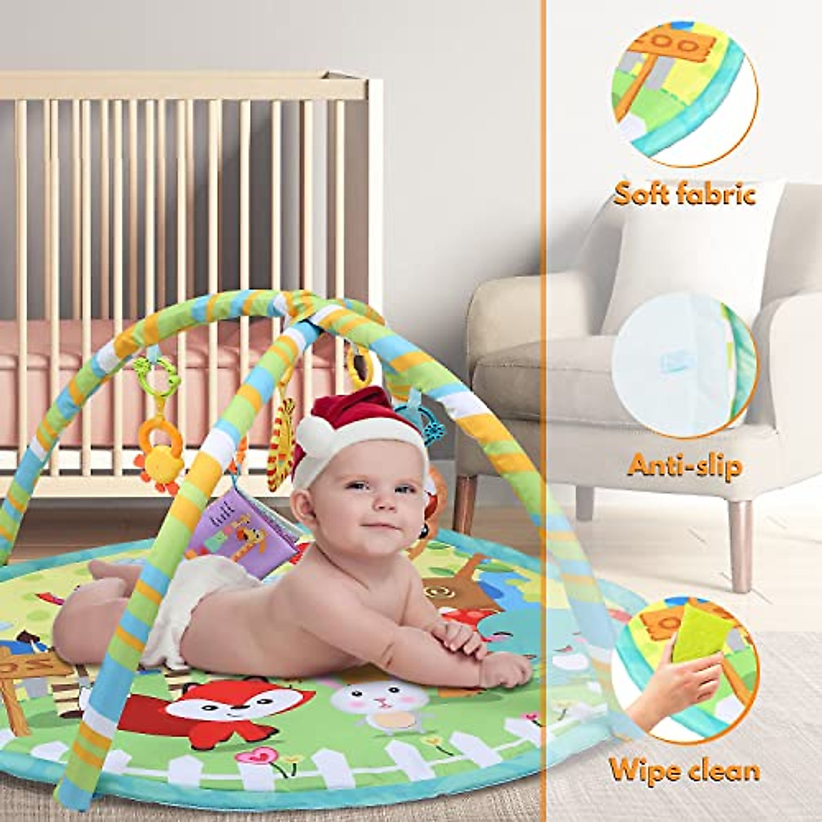 Kirumie Baby Play Gym, Baby Play Mats for Babies and Toddlers with 5 Toys. Visual, Hearing, Touch, Cognitive Development Baby Tummy Time Activity Mat, Gift Idea for Newborns with Storage Bag.