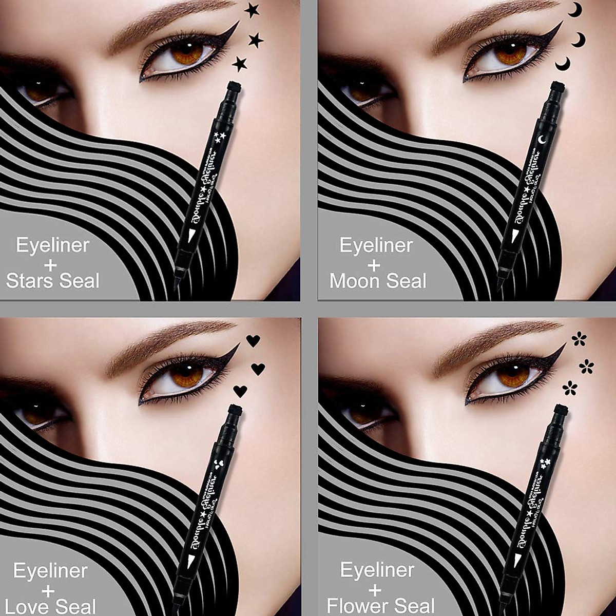 FANTEXY Double-headed Eyeliner Stamp,Eyeliner Pencil Pen with Eye Makeup Stamp,Waterproof, Double Sided & Long Lasting Seal Tattoo Makeup Tool Black(Heart/Moon/Star/flowers Shape Stamp Pen 4 Pcs