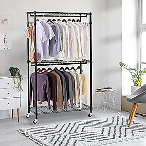 SIMFLAG Clothing Rack, 3 Tiers Garment Rack with Shelves, Rolling Garment Rack, Clothing Racks for Hanging Clothes, Lockable Wheels and Side Hooks, Max Load 460 lbs
