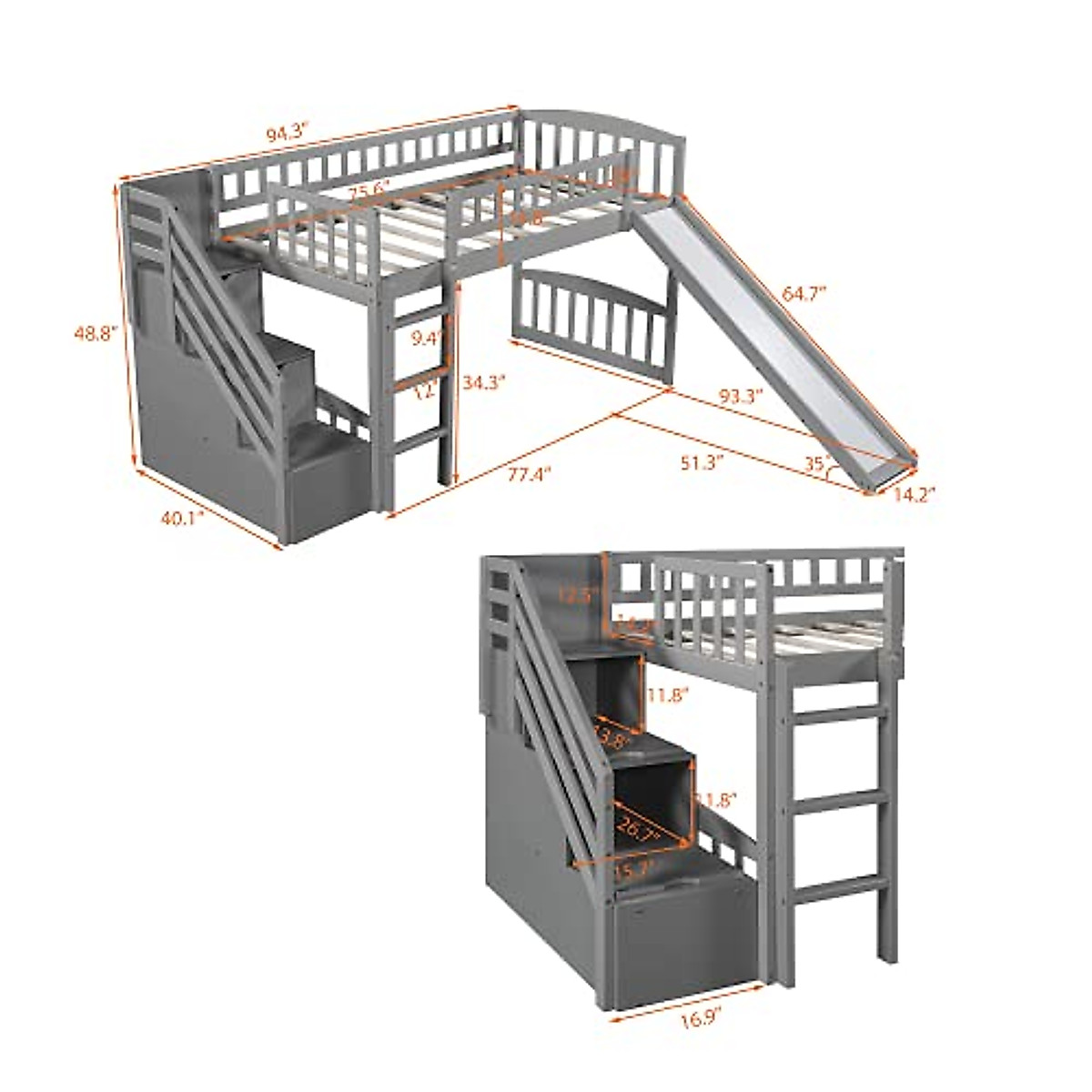 Twin Loft Bed with Slide, Wooden Low Loft Bed with Stairs and Storage for Kids Girls Boys Teens - Gray