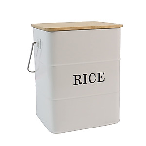 Gdfjiy Rice Container Metal Rice Storage Bin, Rice Storage Box with Airtight Bamboo Lid & Scoop, Food Storage Container for Rice Flour Soybean Grain Cereal (Cream White)