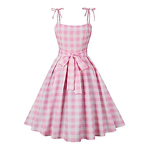 Nihsatin Barbie Pink Swing Dress Tie Shoulder Plaid Printed Knot Waist Dress