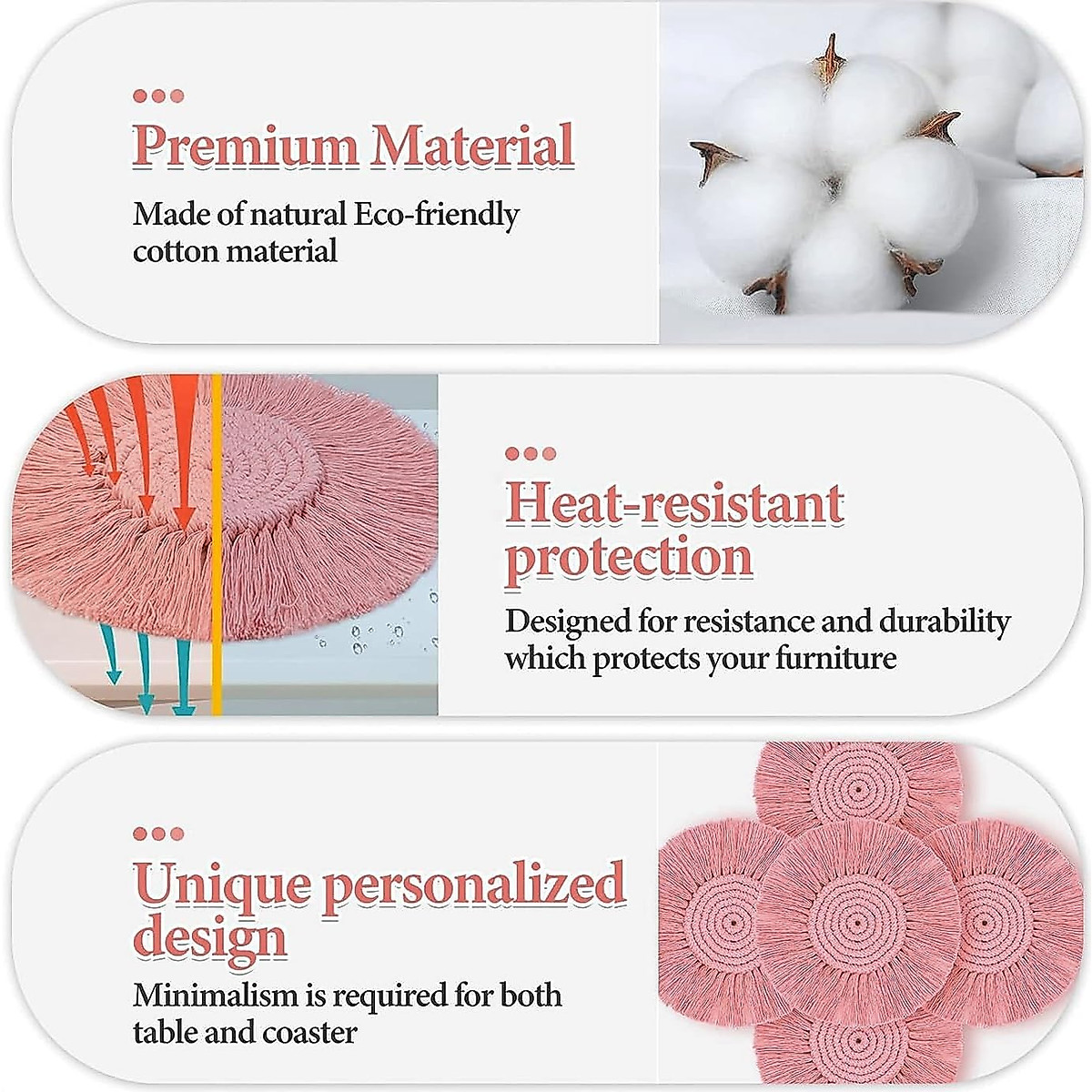 2 Pack Cotton Coasters for Drinks, Round Woven Absorbent Coasters with Tassels, Boho Decor Macrame Coasters Heat Protection Mat for Home, Office and Bar, Housewarming Gift-7in （Pink）