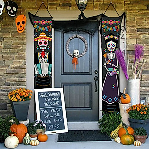 Day of the Dead Banner Decoration, 2 Pieces Dia De Los Muertos Porch Sign Mexico Welcome Hanging Wall Banner for Festival Halloween Indoor Outdoor Events Yard Supplies Decor 11.8 x 70.9 Inch